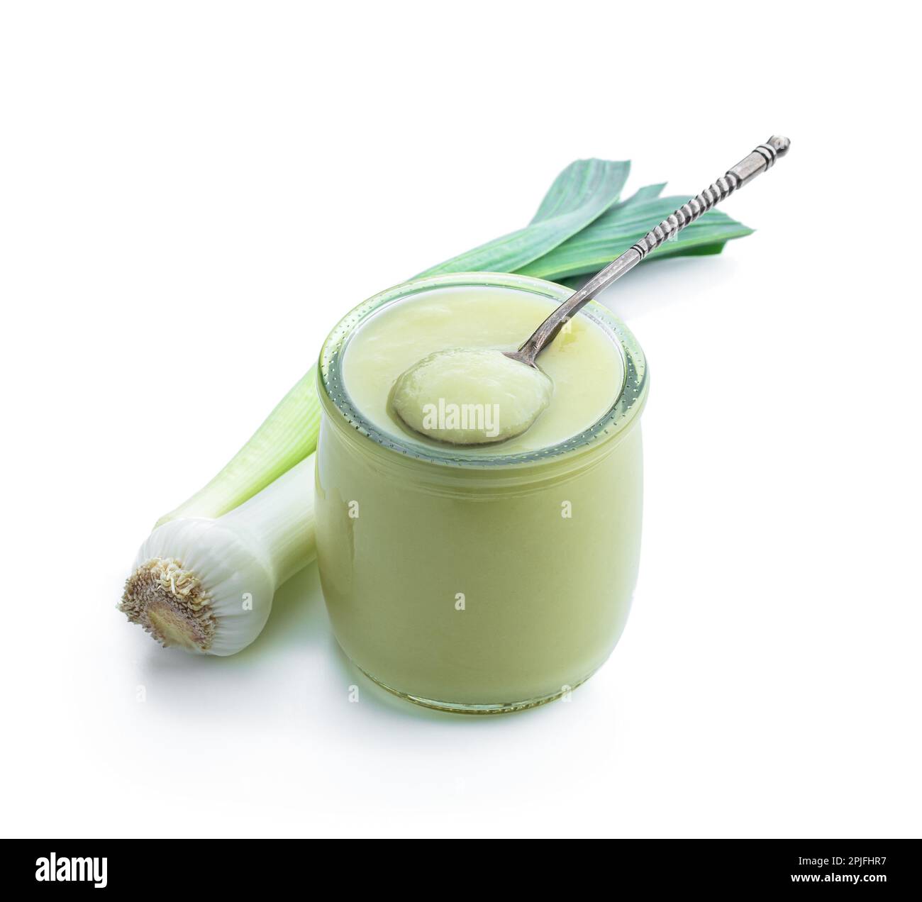 Vegetable leek puree in a glass jar isolated on white Stock Photo - Alamy
