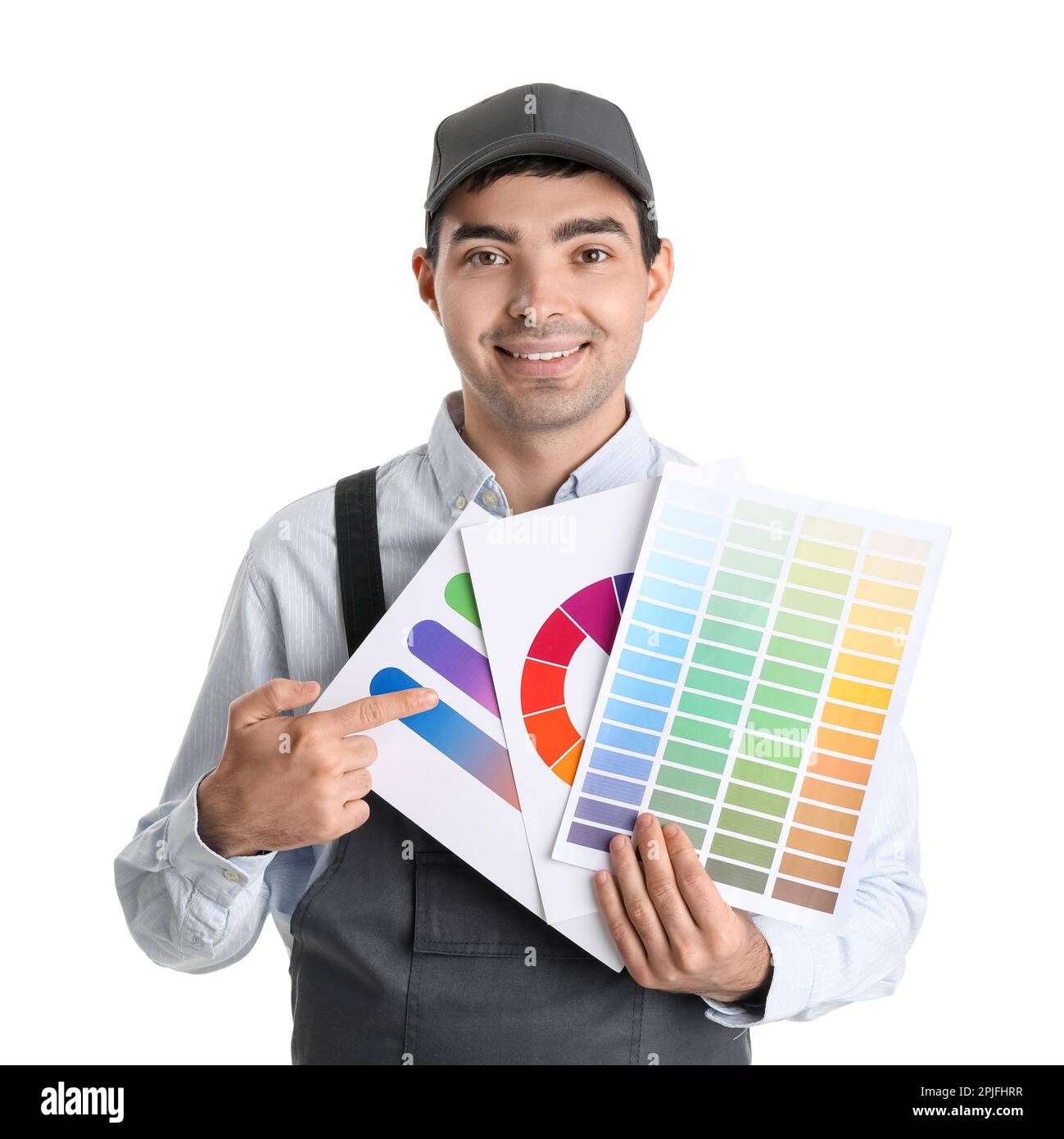Male painter with color palettes on white background Stock Photo - Alamy