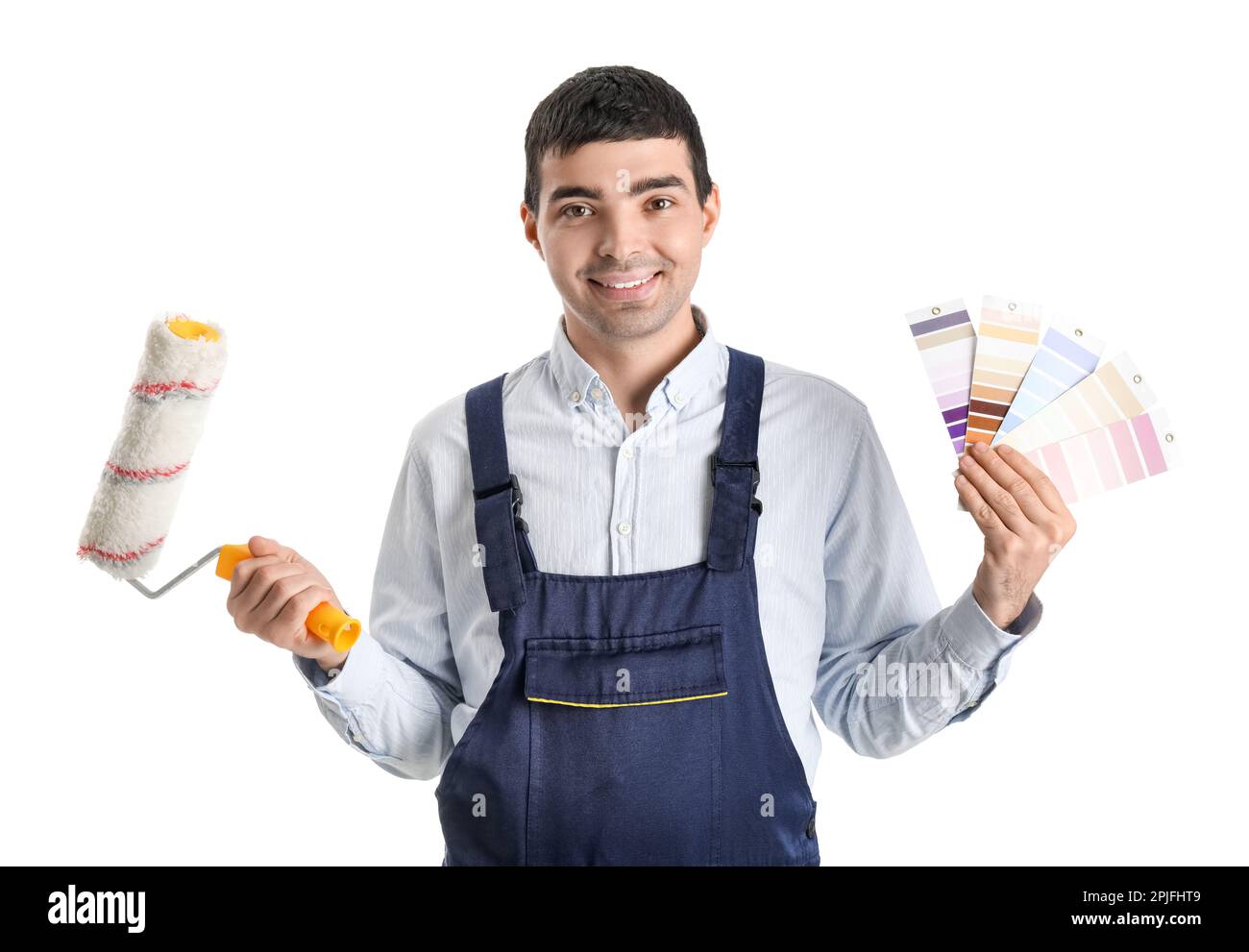 Male painter with color palettes and roller on white background Stock ...