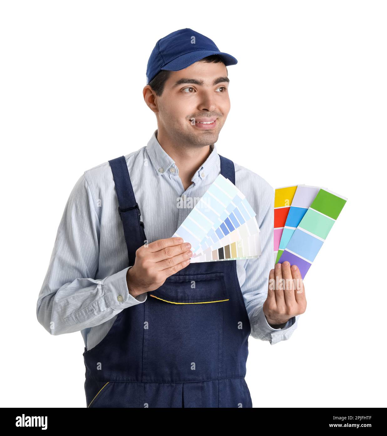 Male painter with color palettes on white background Stock Photo - Alamy