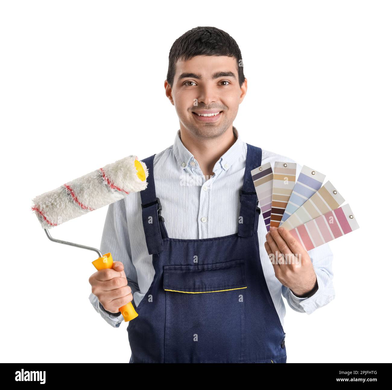 Male painter with color palettes and roller on white background Stock ...