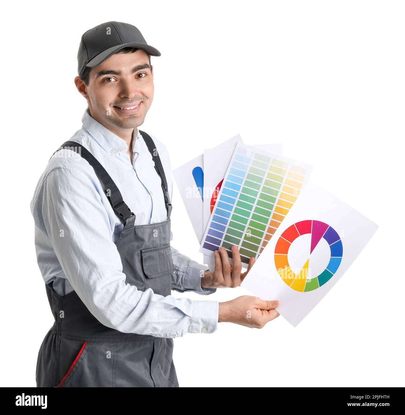 Male painter with color palettes on white background Stock Photo - Alamy