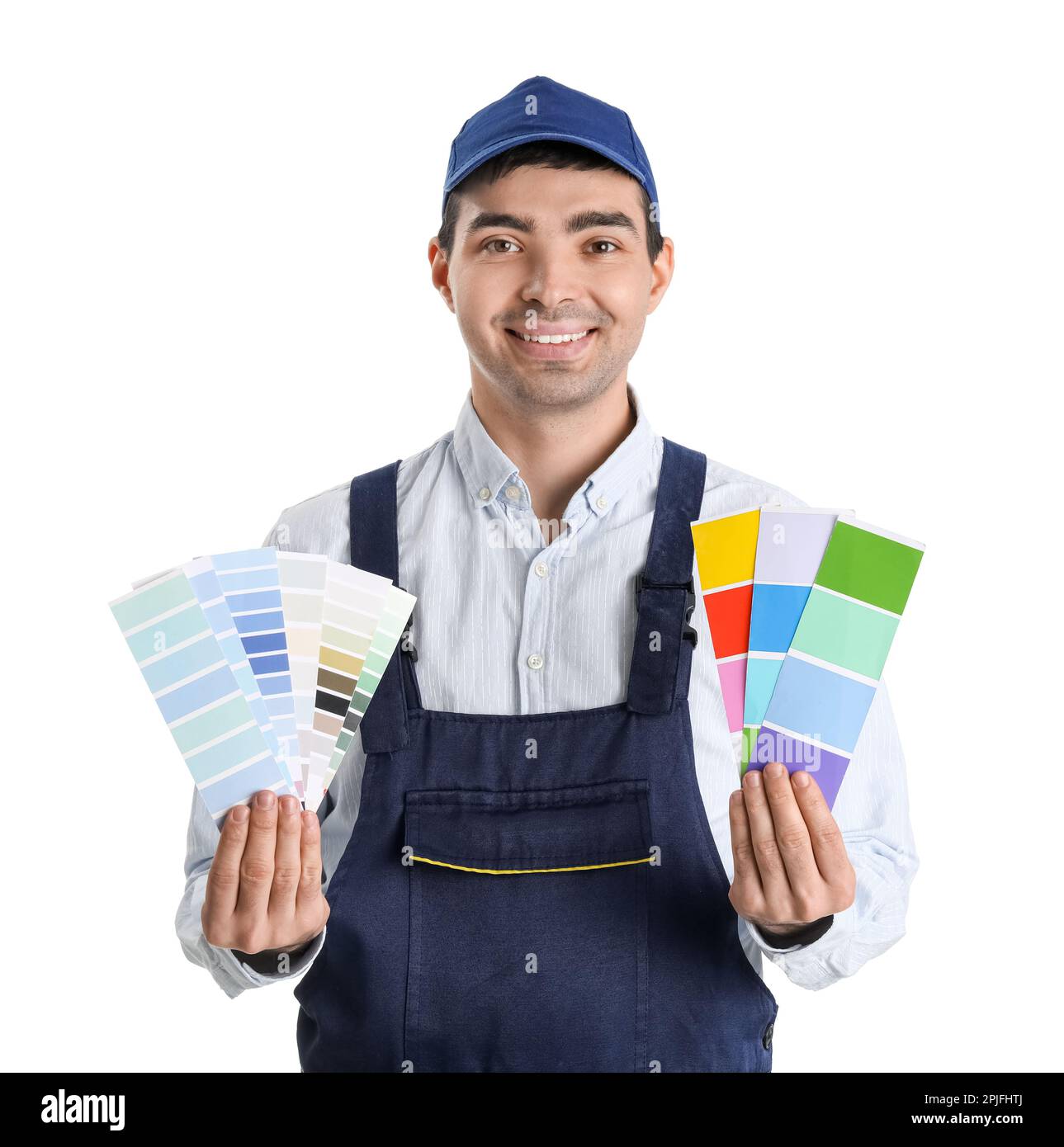 Male painter with color palettes on white background Stock Photo - Alamy