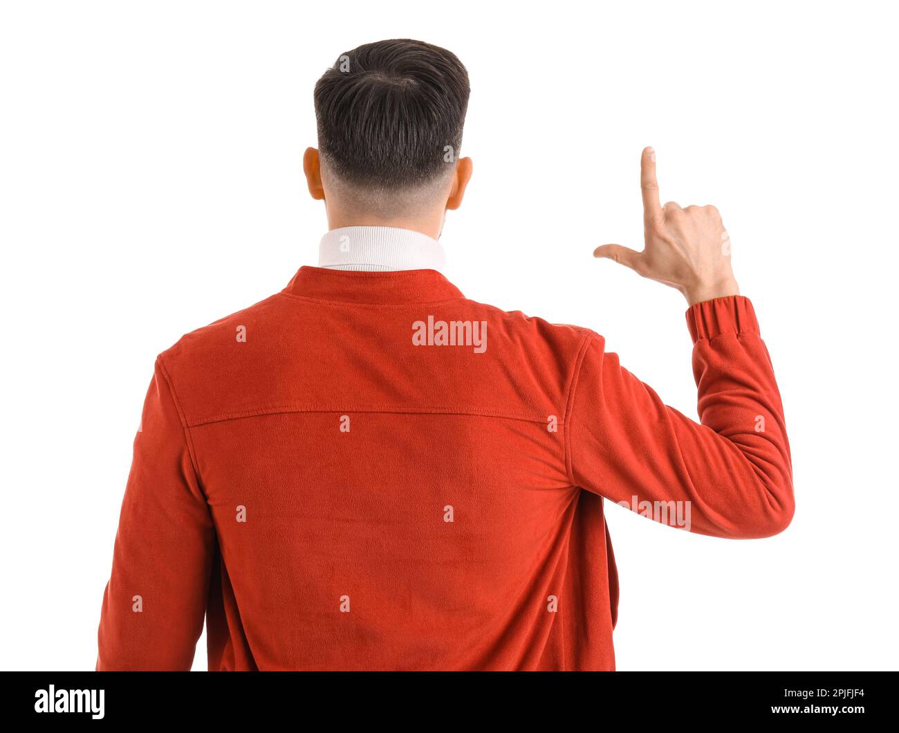 Handsome man showing loser gesture on white background, back view Stock ...
