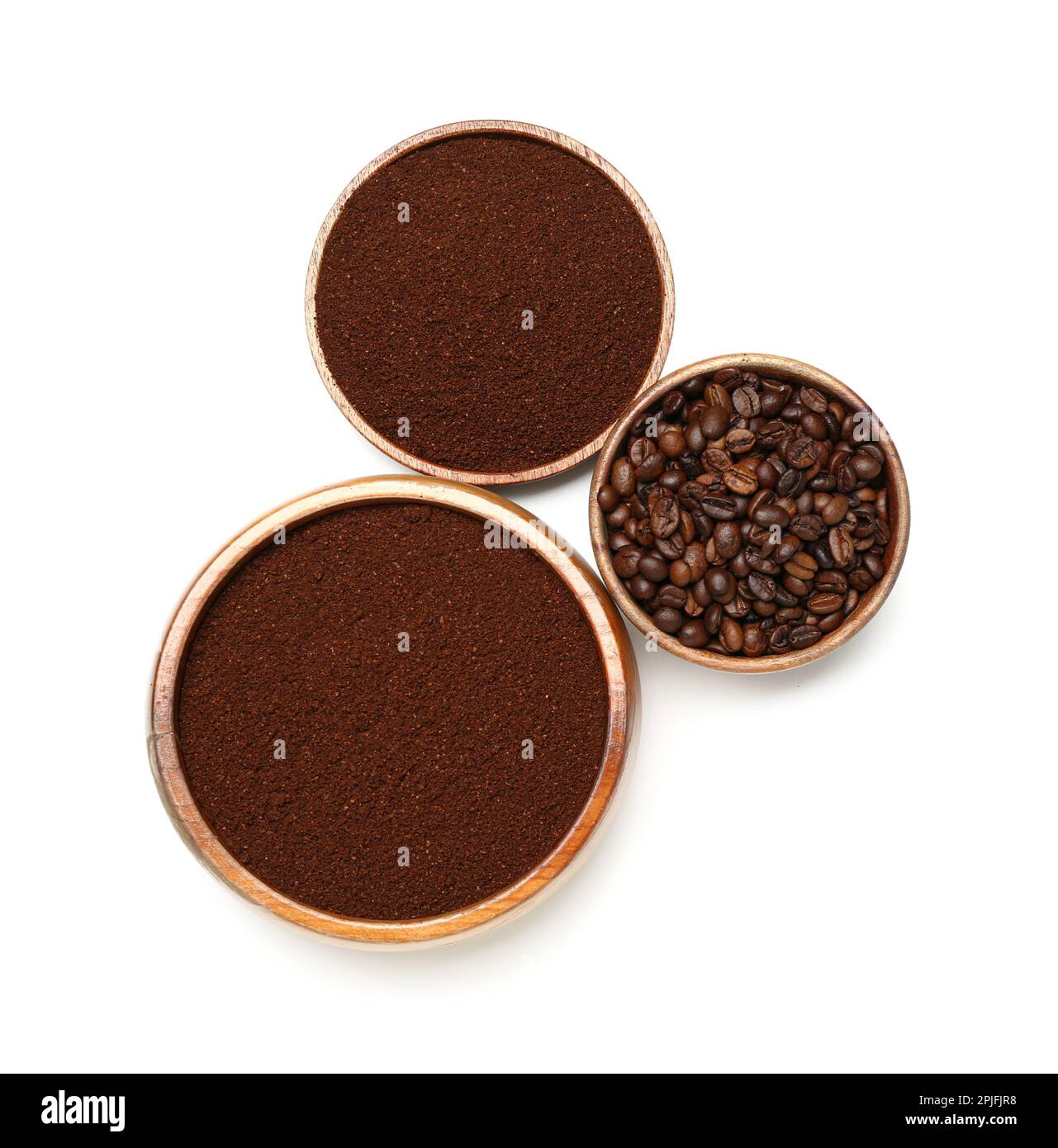 Bowls of coffee powder and beans isolated on white background Stock ...