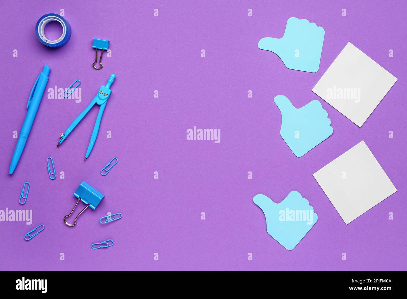 Sticky notes and stationery on purple background Stock Photo - Alamy