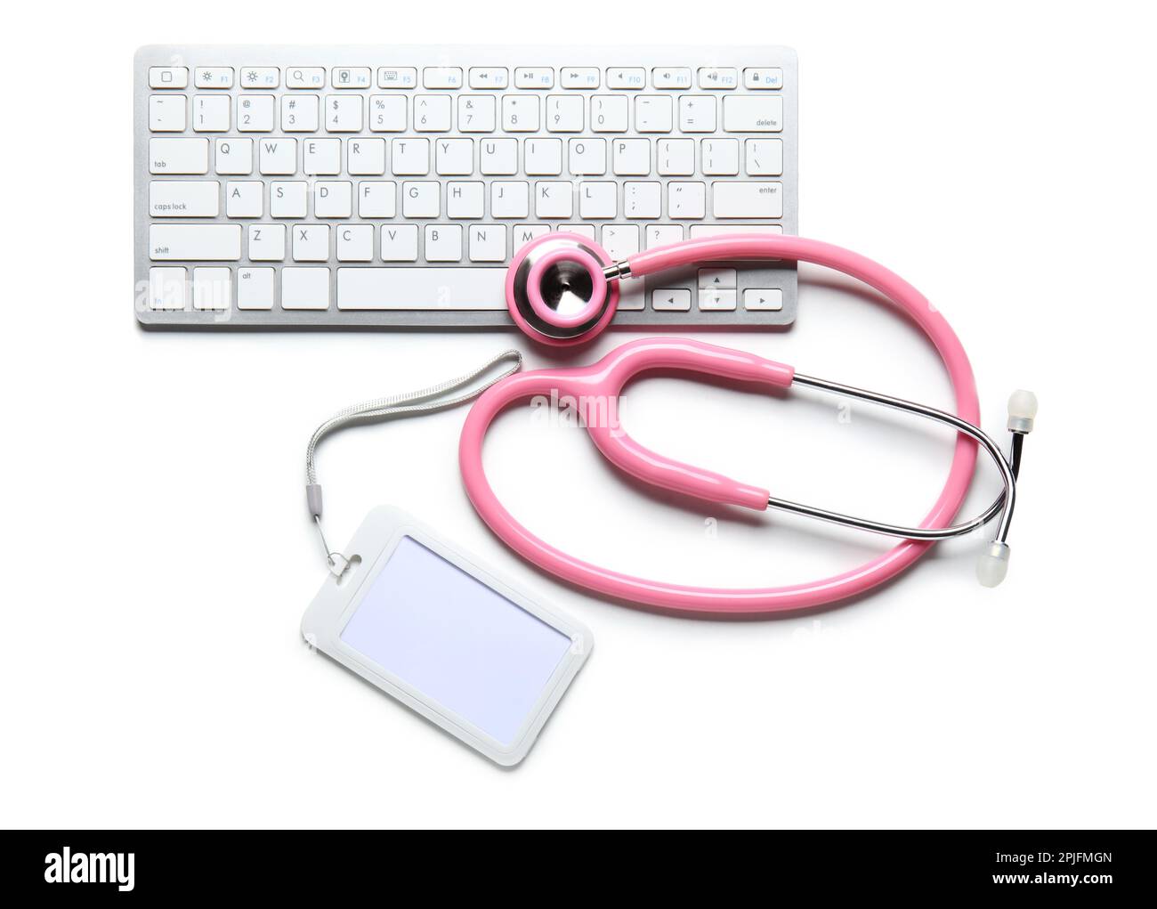 Stethoscope, pc keyboard and badge on white background Stock Photo - Alamy
