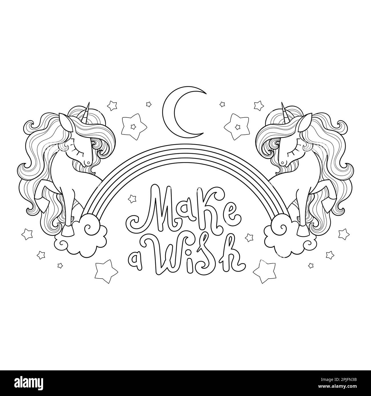 Make a wish. Text. Two unicorns and a rainbow. Vector illustration ...
