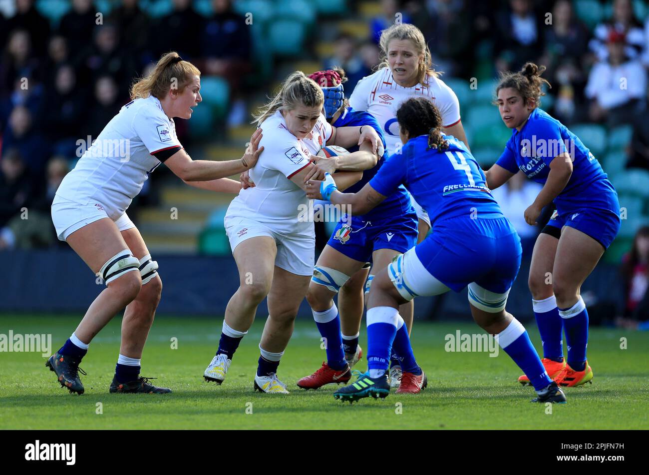 England’s Mackenzie Carson is tackled by Italy’s Sara Tounesi during ...