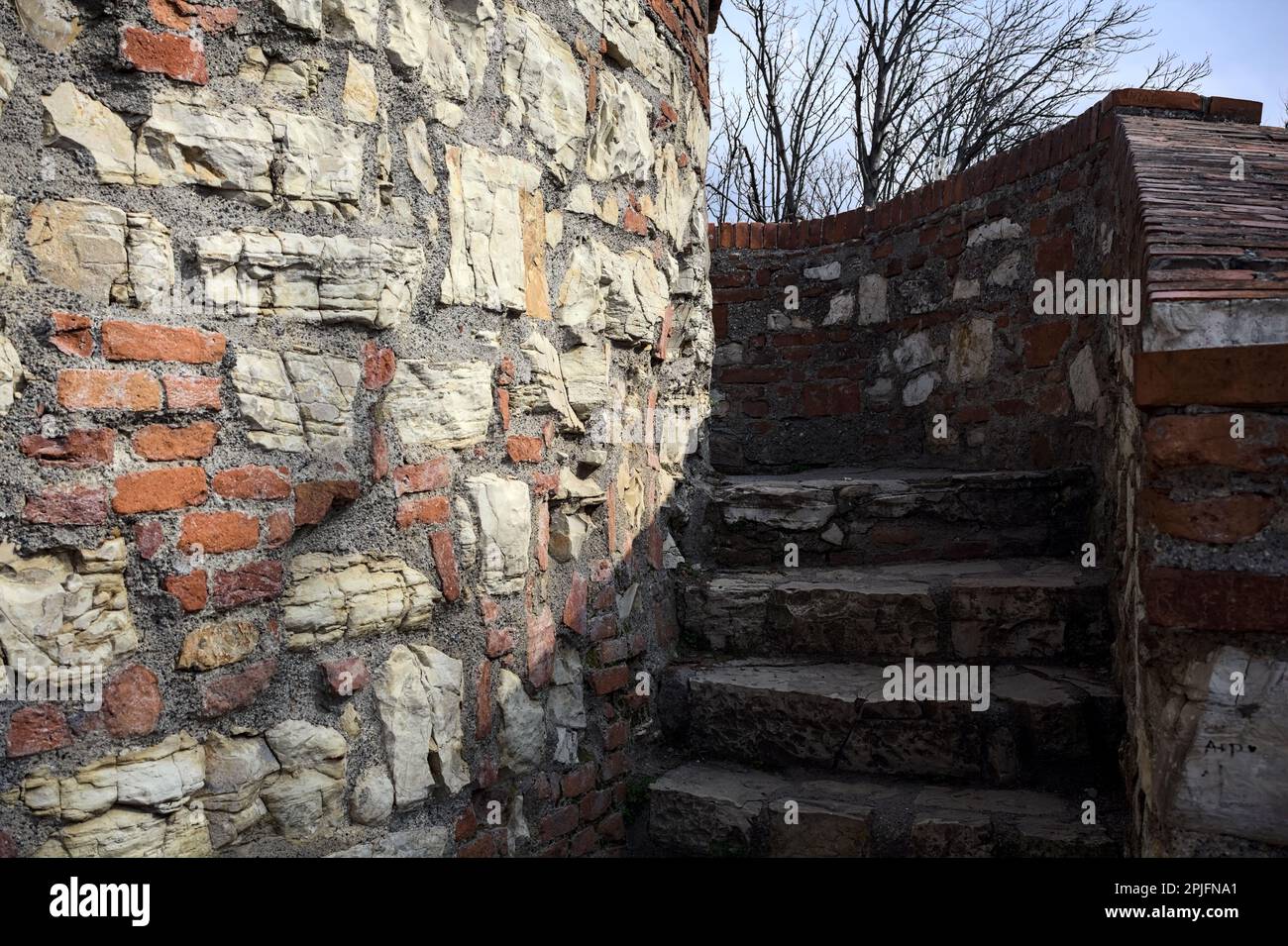 Staircase outside a tower of a castle Stock Photo - Alamy