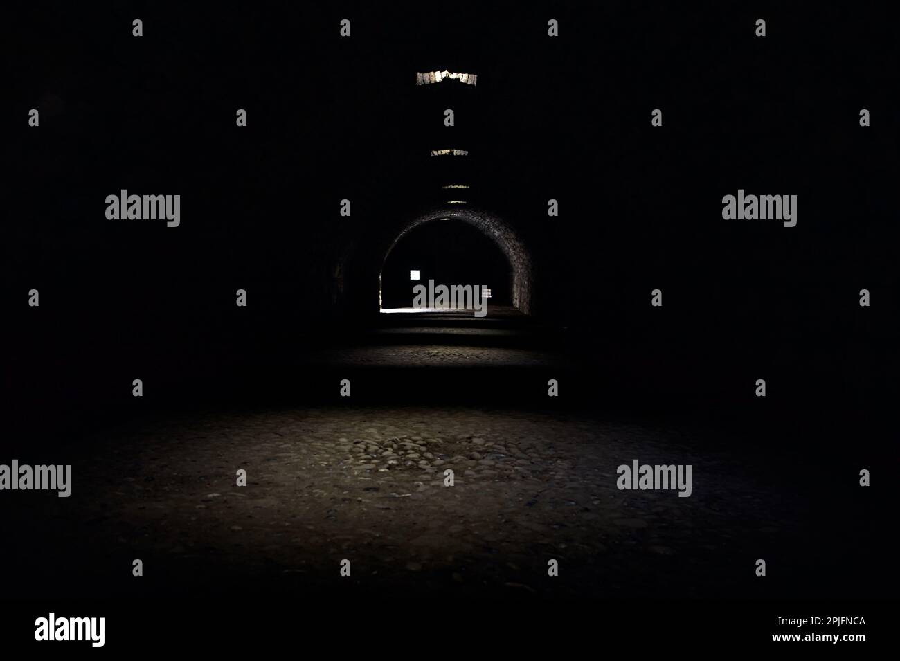Dark and covered passage in the boundary wall of a castle Stock Photo ...