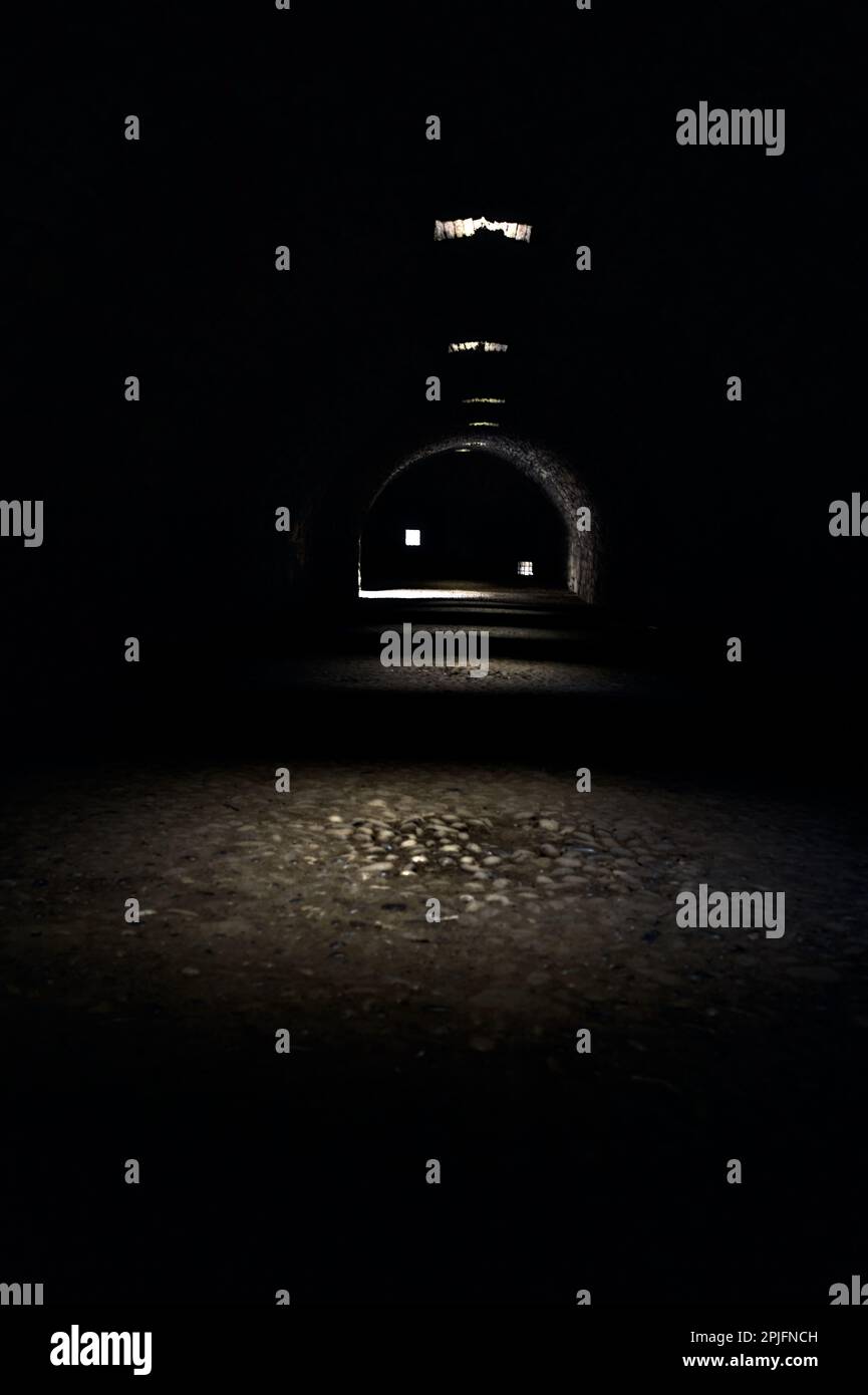 Dark and covered passage in the boundary wall of a castle Stock Photo ...