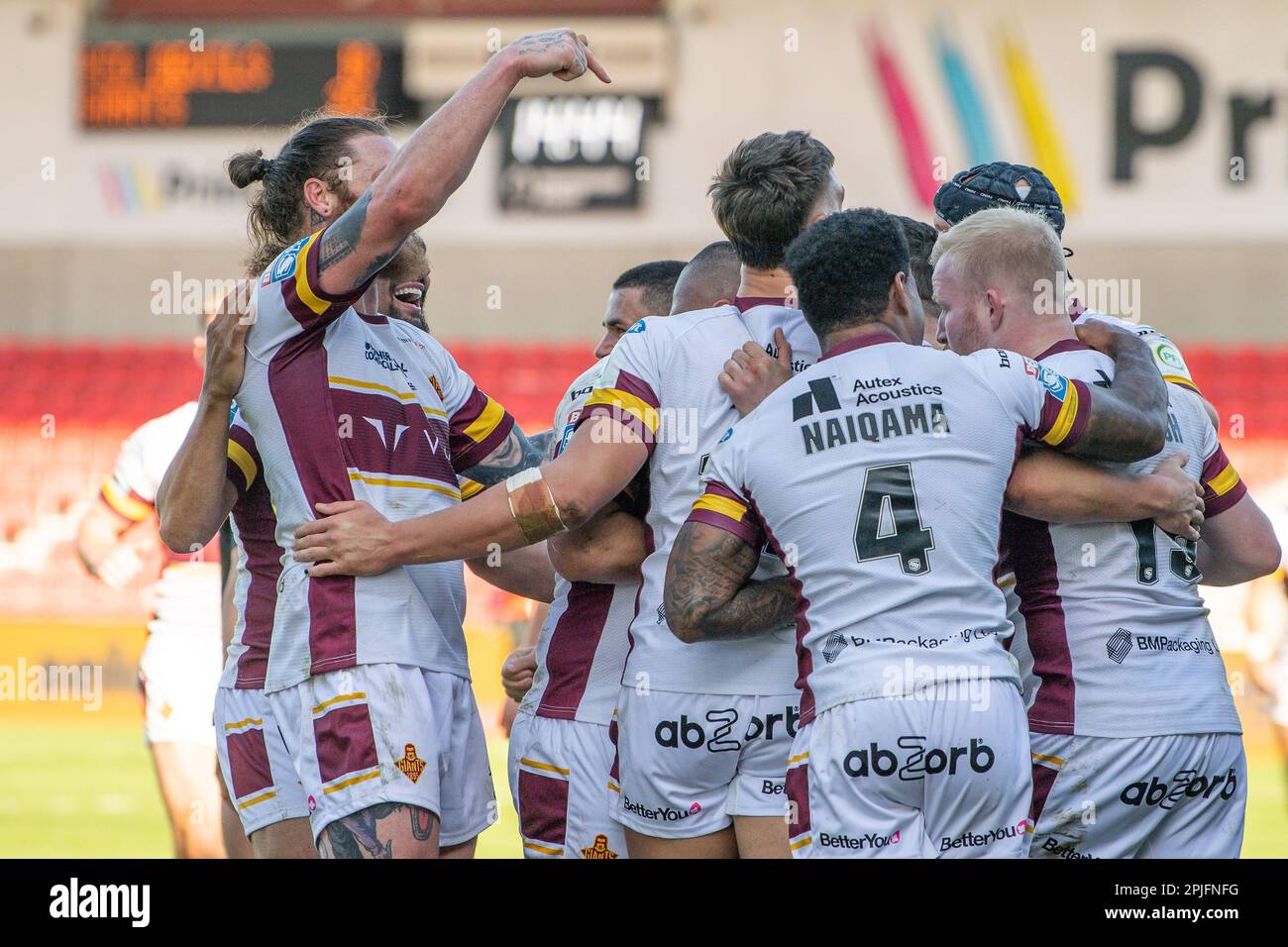 Owen Trout #17 of Huddersfield Giants celebrates his try during the ...