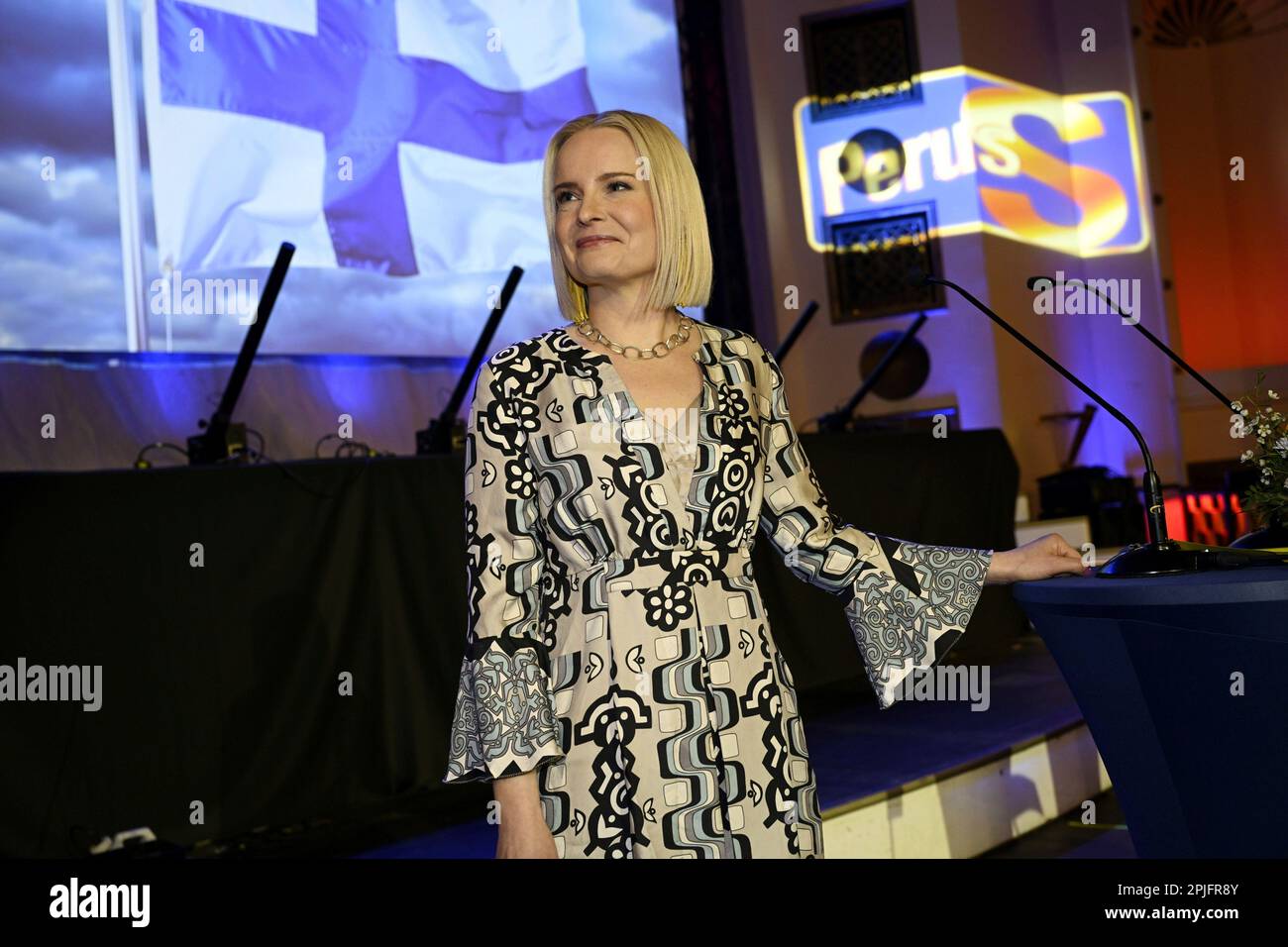 Chairperson Riikka Purra attends The Finns Party parliamentary election ...