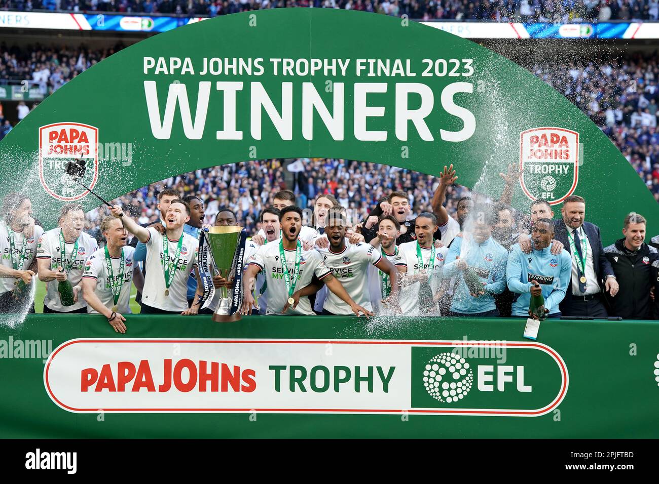 Bolton Wanderers lift the trophy after winning the Papa Johns Trophy ...