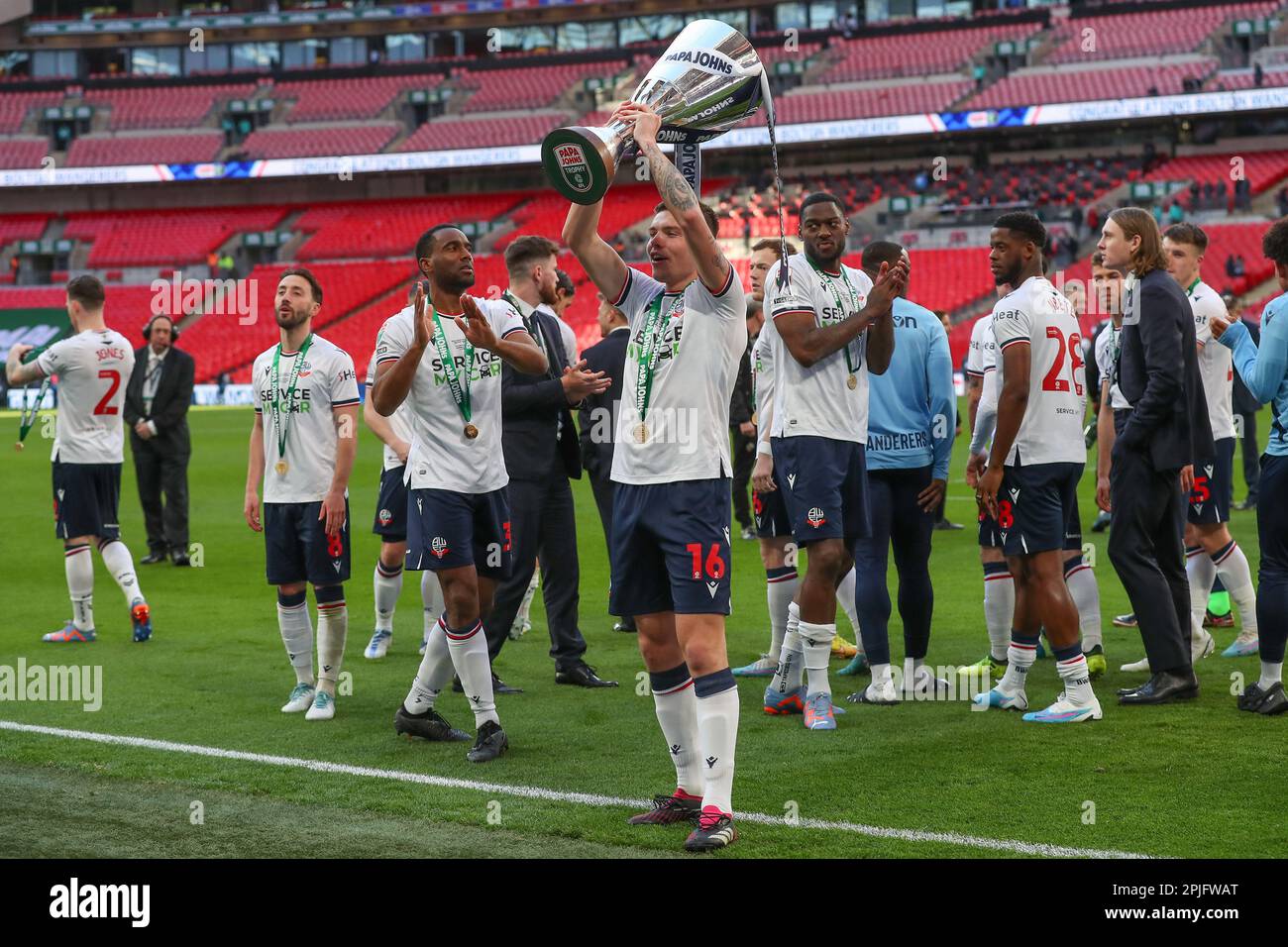 Aaron Morley #16 of Bolton Wanderers celebrates his teams win with the ...