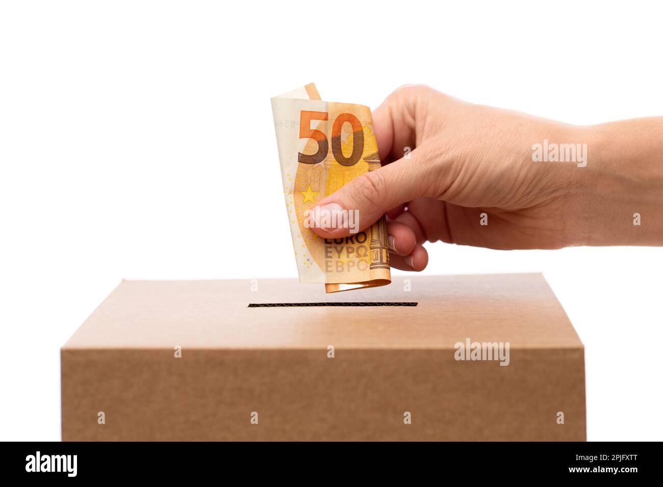 hand putting euro cash money into donation box Stock Photo - Alamy
