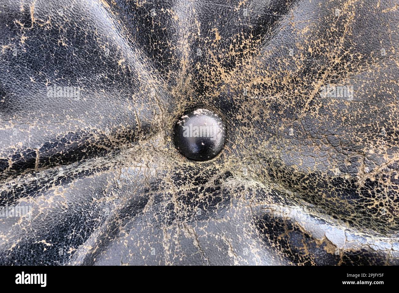 Button on cracked black full-grain leather; worn and weathered ...