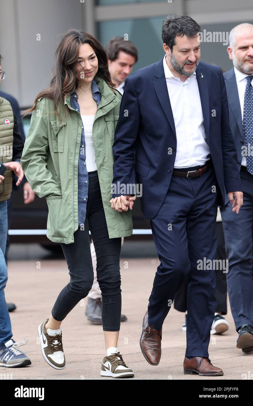 Verona, Italy. 02nd Apr, 2023. Vinitaly 2023 Matteo Salvini and his partner Francesca Verdini ...