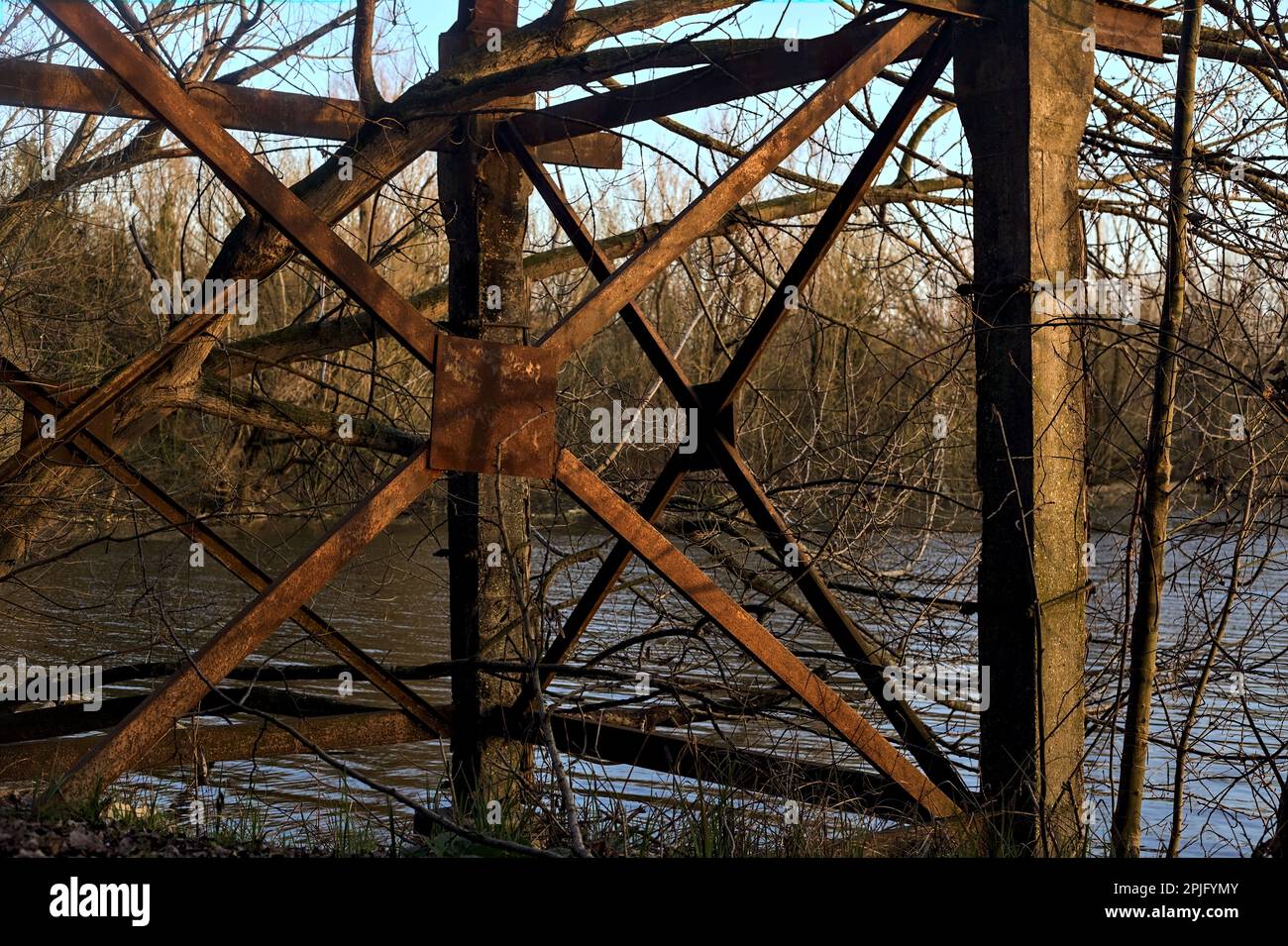 Metallic structure by the lakeshore in a forest at sunset Stock Photo ...