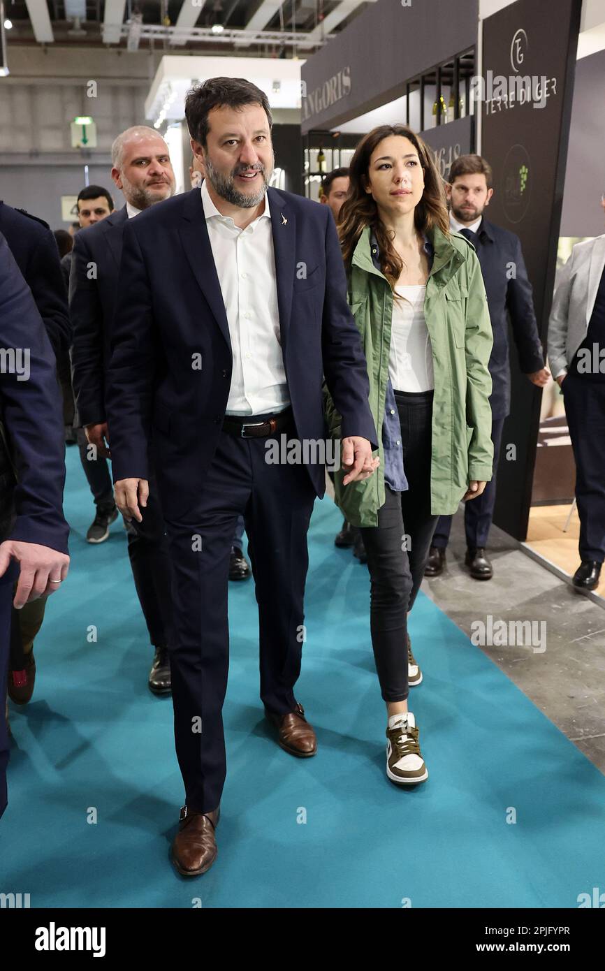 Verona, Italy. 02nd Apr, 2023. Vinitaly 2023 Matteo Salvini and his partner Francesca Verdini ...