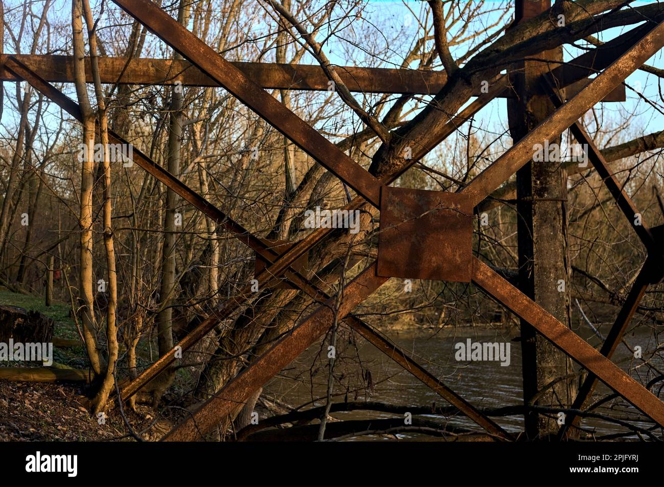 Metallic structure by the lakeshore in a forest at sunset Stock Photo ...