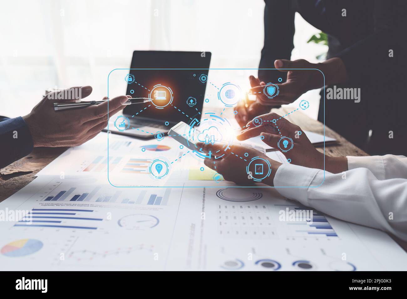 Group of Business people using AI to help and analysis and research ...