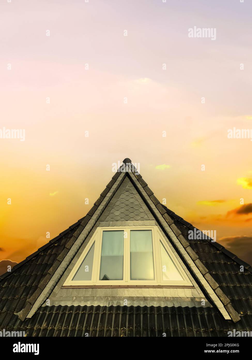 Open roof window in velux style with black roof tiles Stock Photo - Alamy