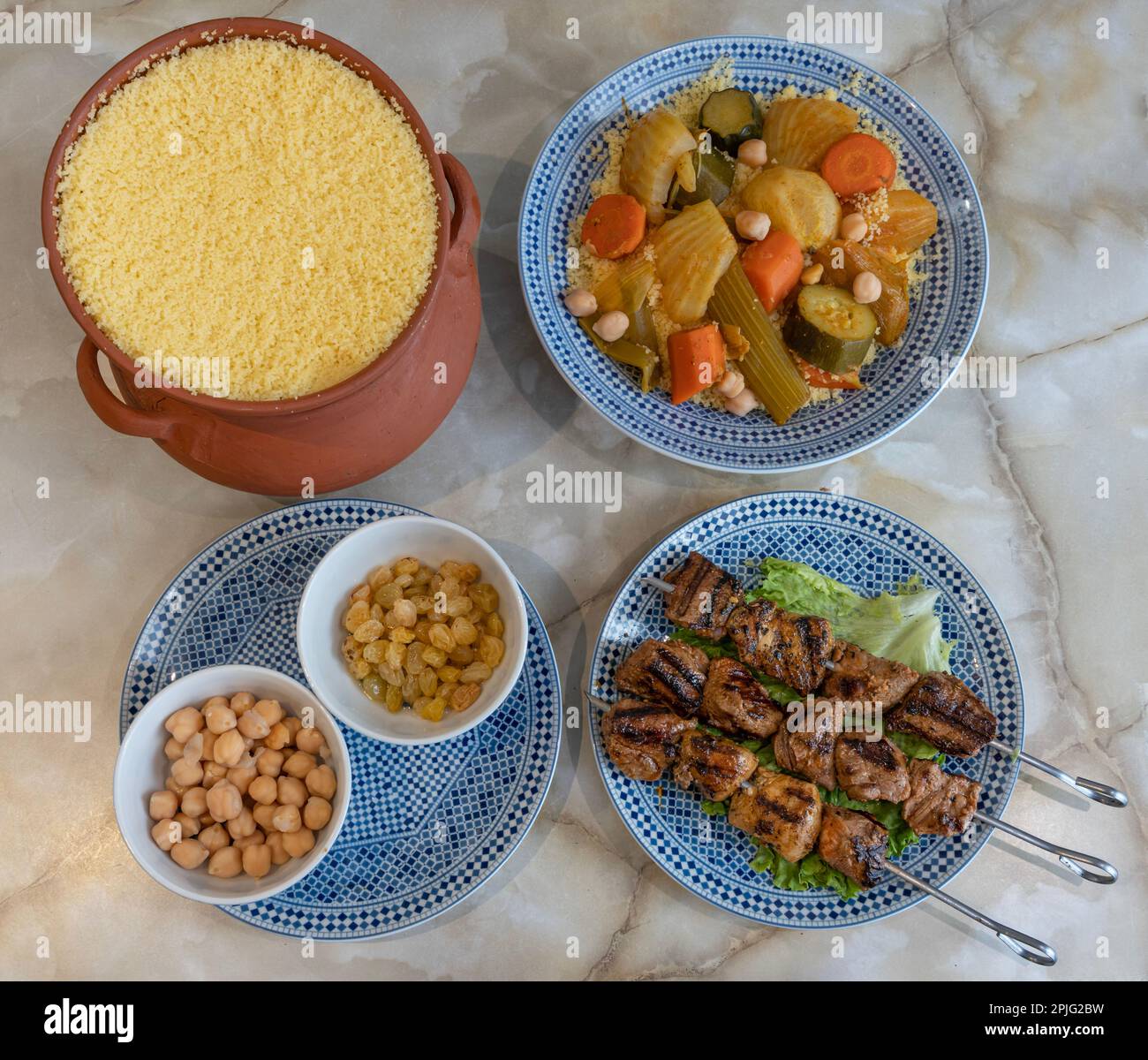 Tunisian dishe culinary Still Life. Beef Skewers Couscous Stock Photo ...