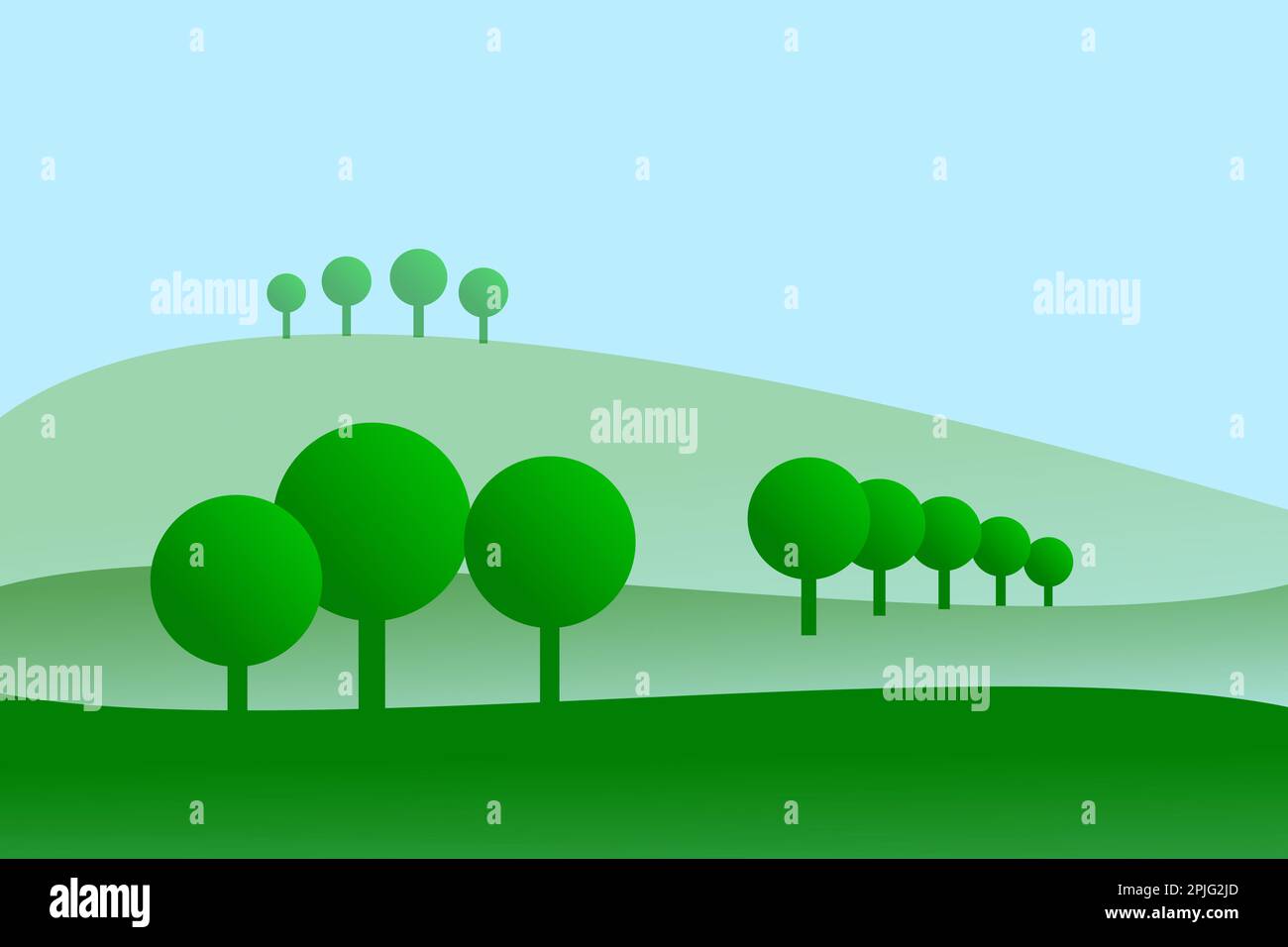 abstract springtime landscape with green hills and some abstract trees ...