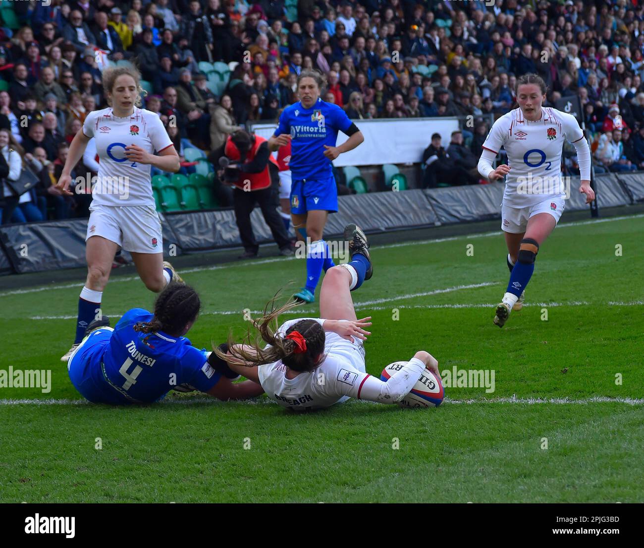 NORTHAMPTON, ENGLAND : Jess Breach of England gets a try during the ...