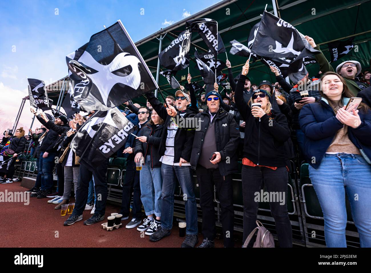LONDON, UNITED KINGDOM. 02, Apr 2023. Ospreys supporters and fans ...