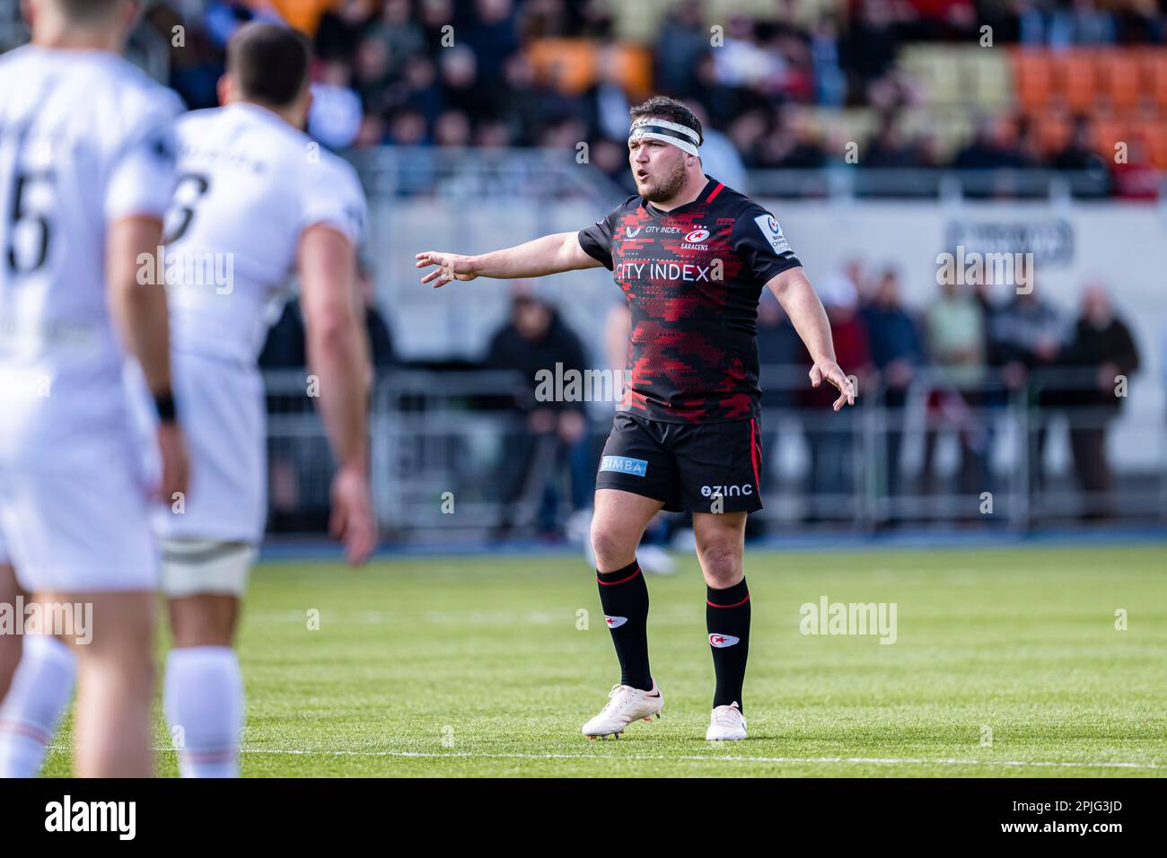 LONDON, UNITED KINGDOM. 02, Apr 2023. Jamie George of Saracens (right ...