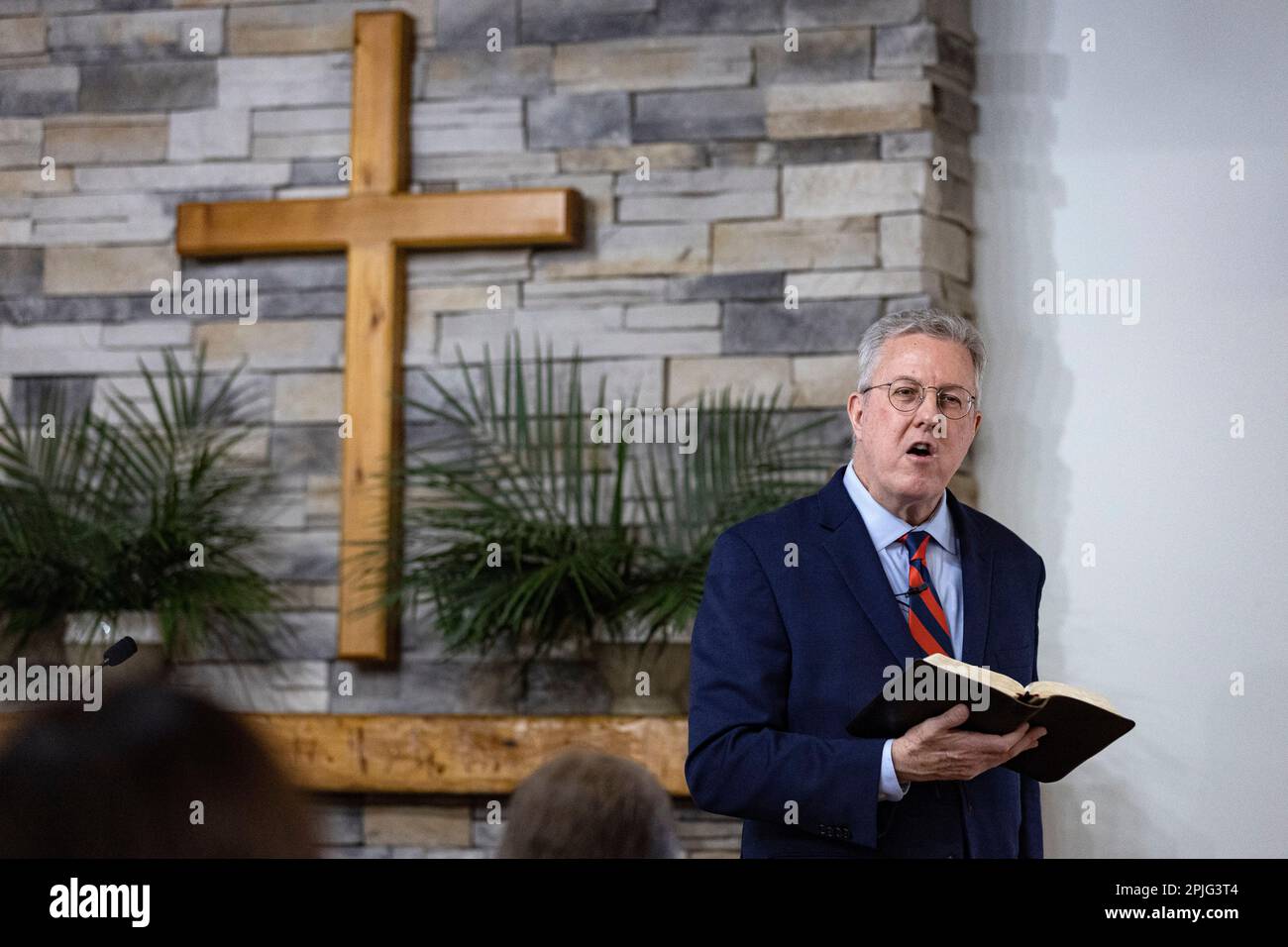 Pastor George Grant delivers the sermon during a Palm Sunday service at ...