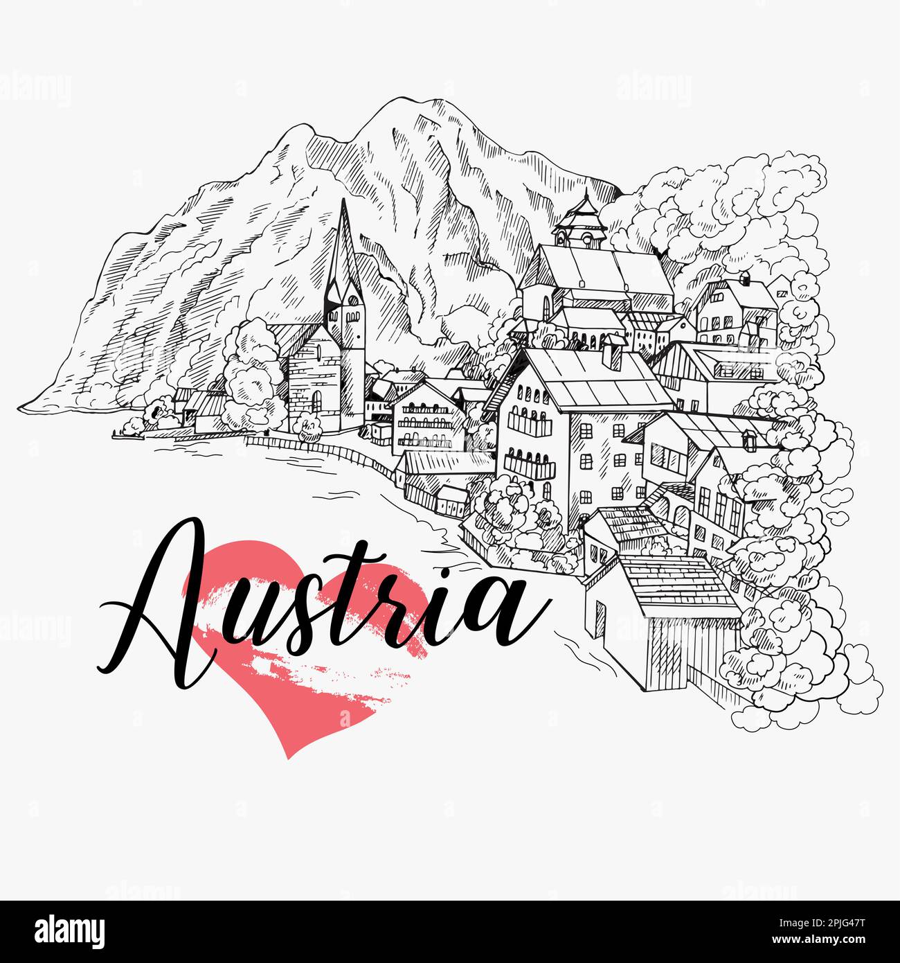 Hand drawn sketch style view of Hallstatt village isolated on white ...