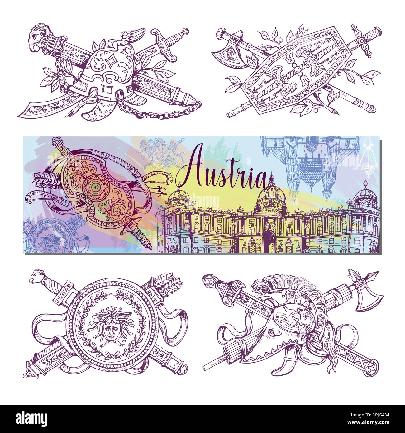 Poster card with hand drawn sketch style Austria related places ...