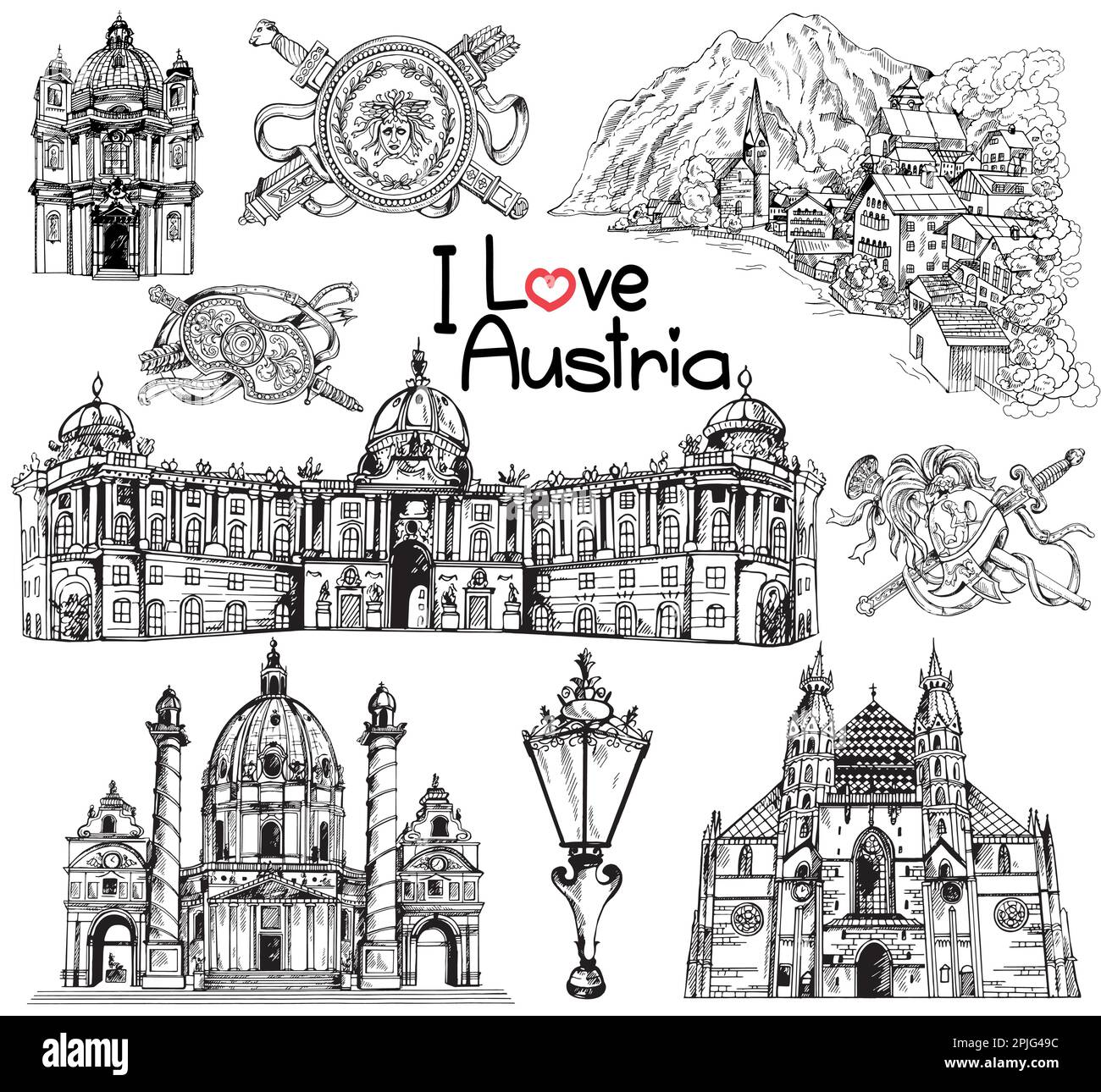 Set of hand drawn sketch style Austria related places, buildings ...