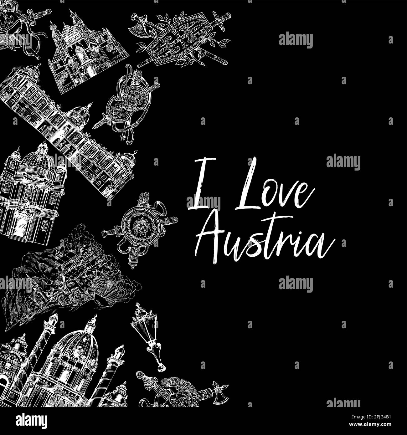 Poster card with hand drawn sketch style Austria related places ...