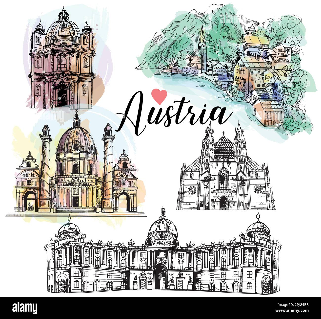 Set of hand drawn sketch style Austria related places and buildings ...