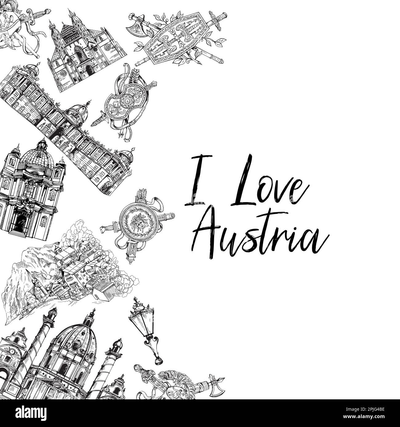 Poster card with hand drawn sketch style Austria related places ...