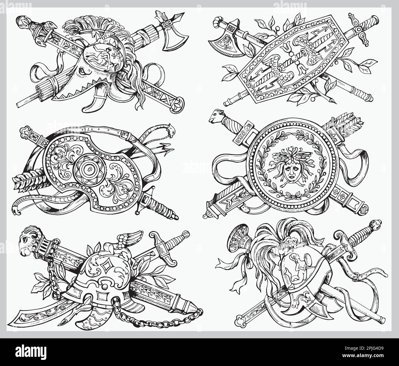 Set of hand drawn sketch style coat of arms isolated on white ... Set of hand drawn sketch style coat of arms isolated on white ...