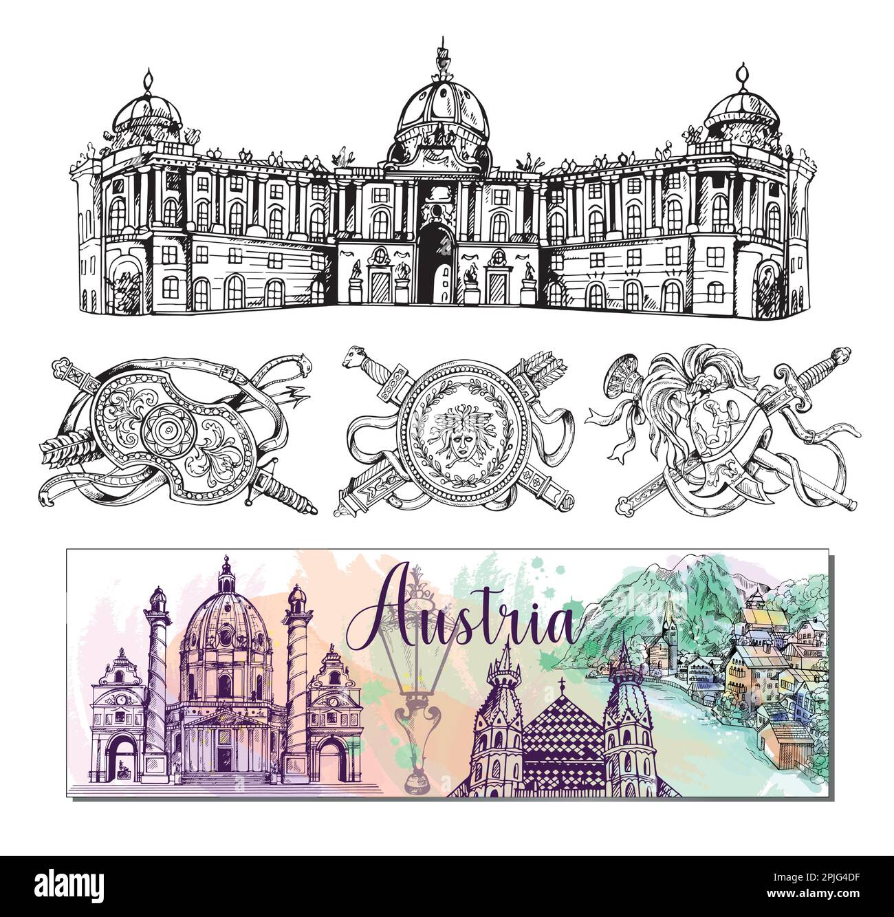 Poster card with hand drawn sketch style Austria related places ...