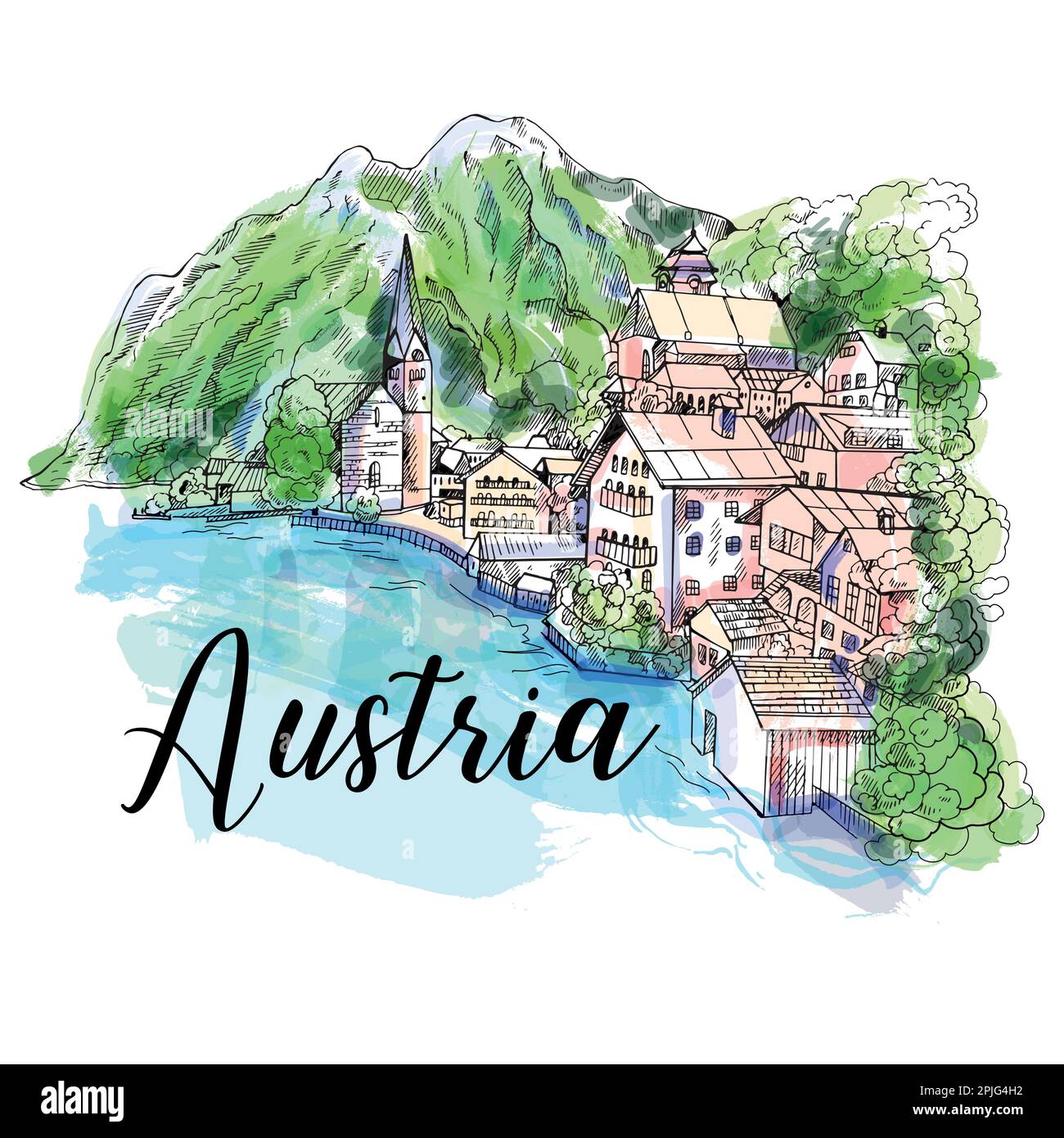 Hand drawn sketch style view of Hallstatt village isolated on white ...