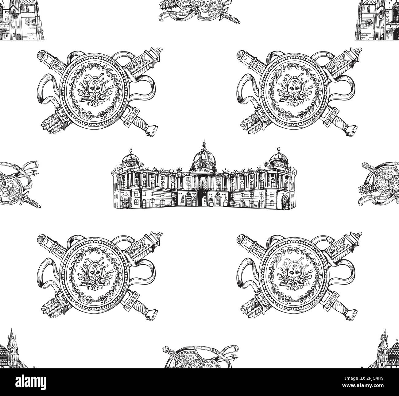 Seamless pattern of hand drawn sketch style Austria related places ...