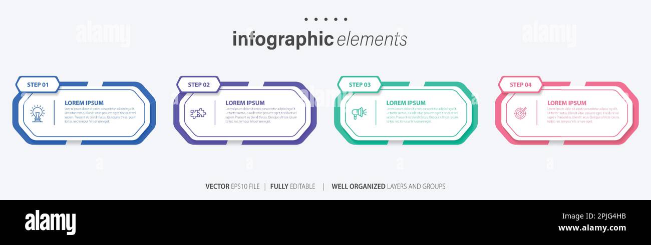 Business infographic elements template design with icons and 4 options or steps. Vector ...
