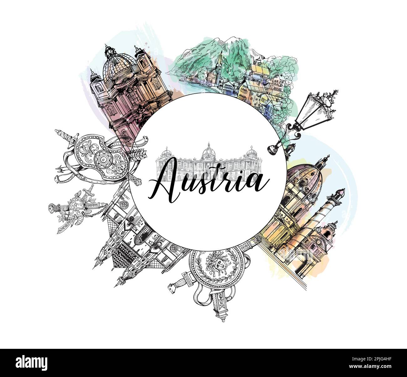 Poster card with hand drawn sketch style Austria related places ...
