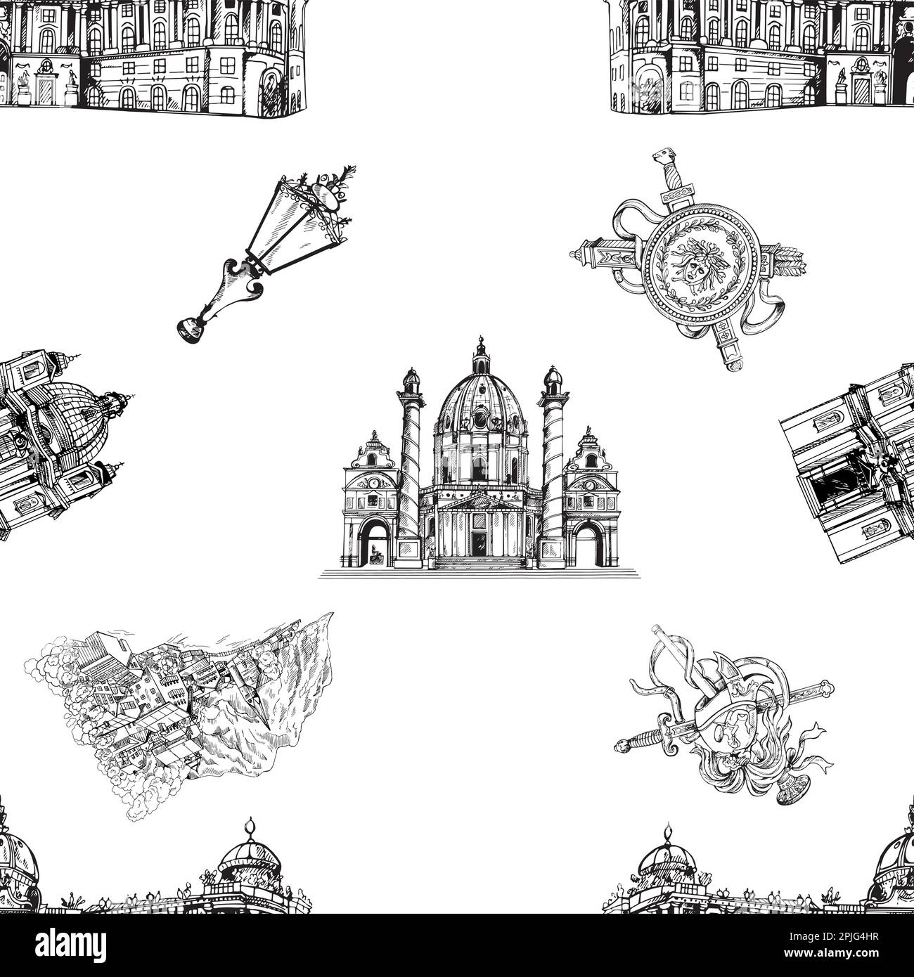 Seamless pattern of hand drawn sketch style Austria related places ...