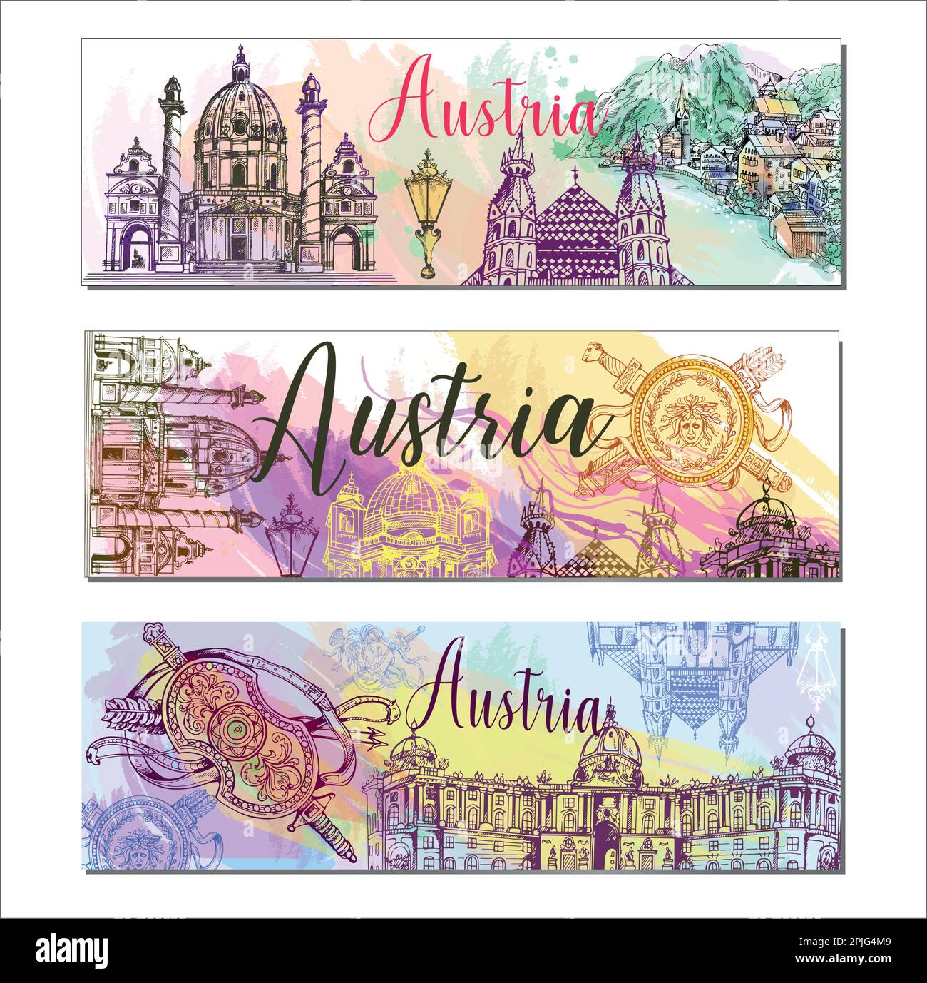 Poster card with hand drawn sketch style Austria related places ...