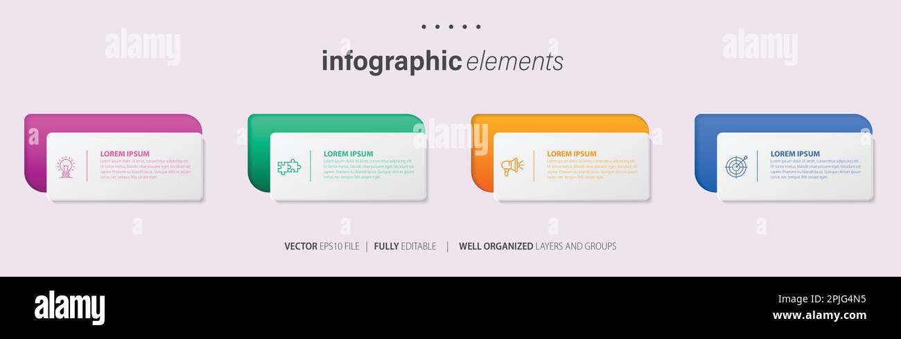 Business infographic elements template design with icons and 4 options or steps. Vector ...