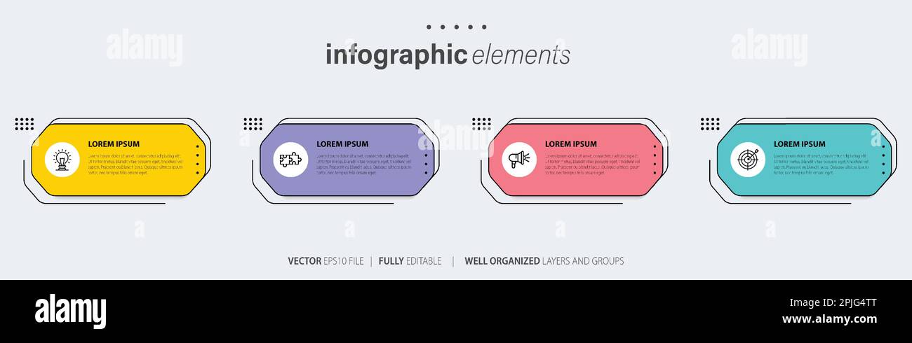 Business infographic elements template design with icons and 4 options or steps. Vector ...